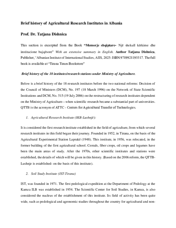 (PDF) Brief history of Agricultural Research Institutes in Albania
