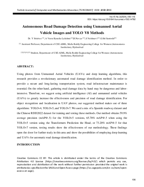 (PDF) Autonomous Road Damage Detection using Unmanned Aerial Vehicle Images and YOLO V8 Methods