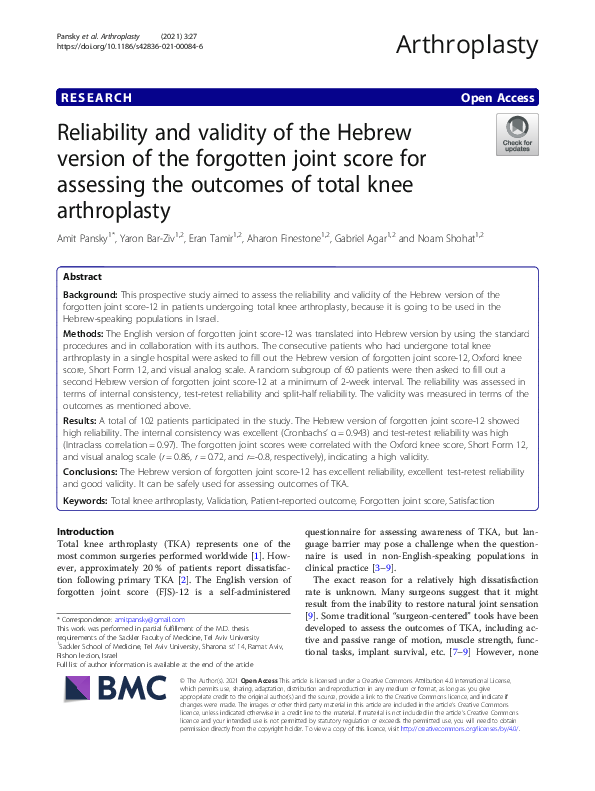 (PDF) Reliability and validity of the Hebrew version of the forgotten ...