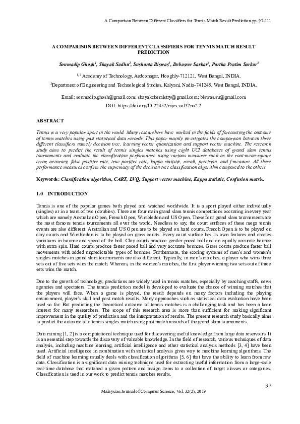 (PDF) A Comparison Between Different Classifiers for Tennis Match ...