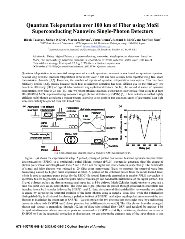 (PDF) Quantum Teleportation over 100 km of Fiber using MoSi Superconducting Nanowire Single ...