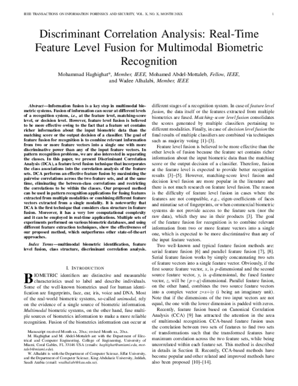 (PDF) Discriminant Correlation Analysis: Real-Time Feature Level Fusion for Multimodal Biometric ...