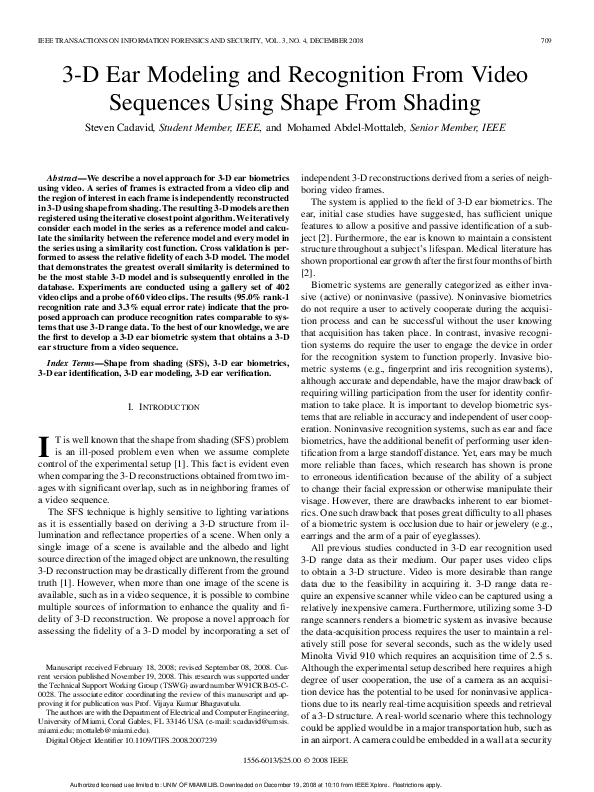 (PDF) 3-D Ear Modeling and Recognition From Video Sequences Using Shape ...