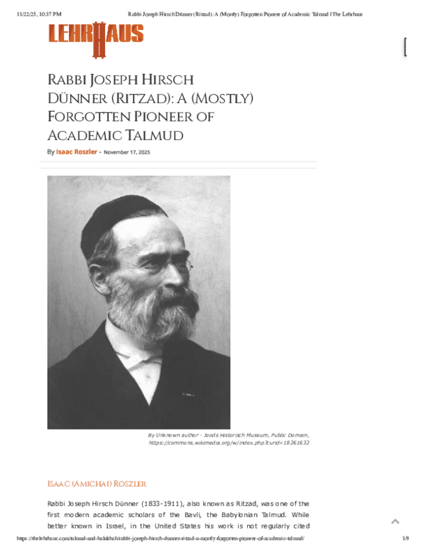 (PDF) Rabbi Joseph Hirsch Dünner (Ritzad): A (Mostly) Forgotten Pioneer ...