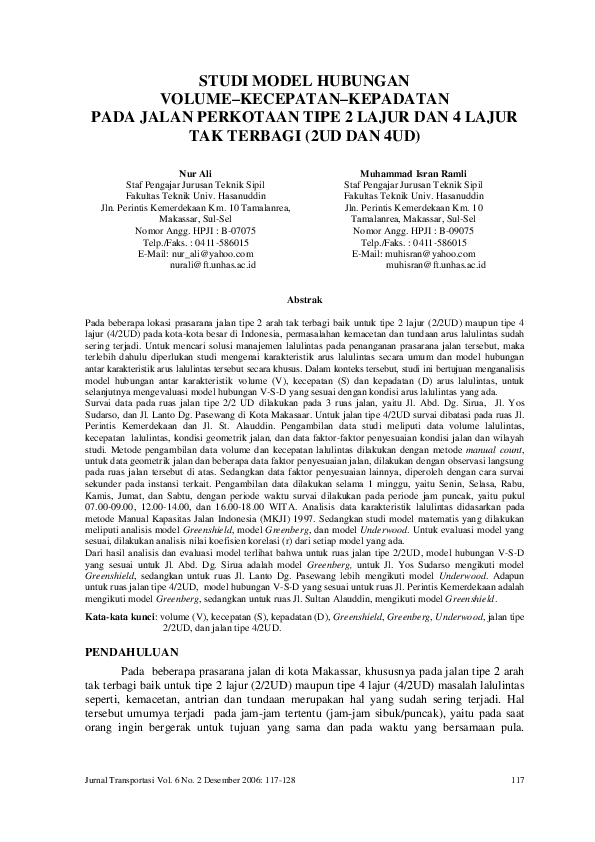 (PDF) Studi Model Hubungan Volume–Kecepatan–Kepadatan Pada Jalan ...