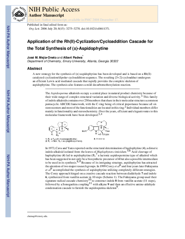 (PDF) Application of the Rh(II) Cyclization/Cycloaddition Cascade for ...