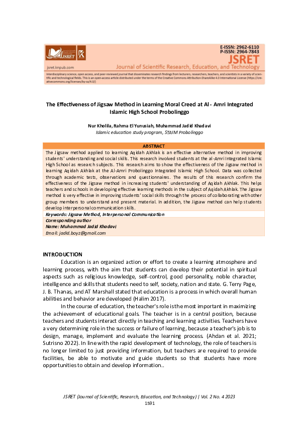 (PDF) The Effectiveness of Jigsaw Method in Learning Moral Creed at Al ...