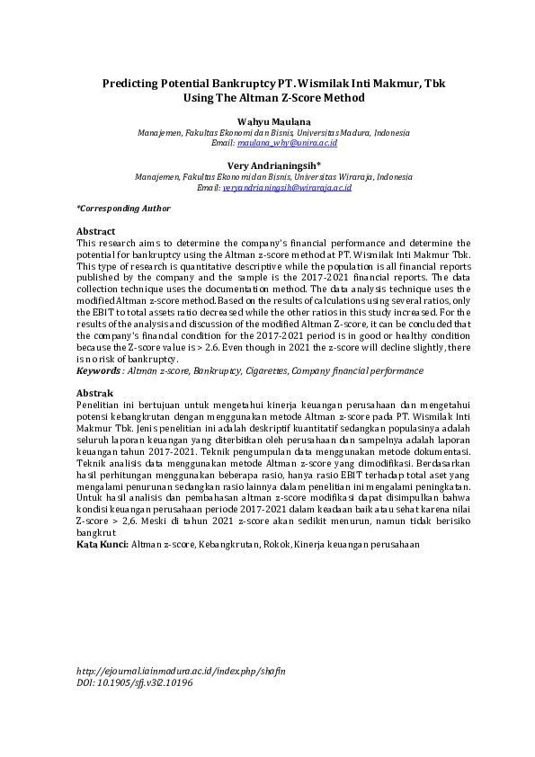 (PDF) Predicting Potential Bankruptcy PT. Wismilak Inti Makmur, Tbk Using The Altman Z-Score Method