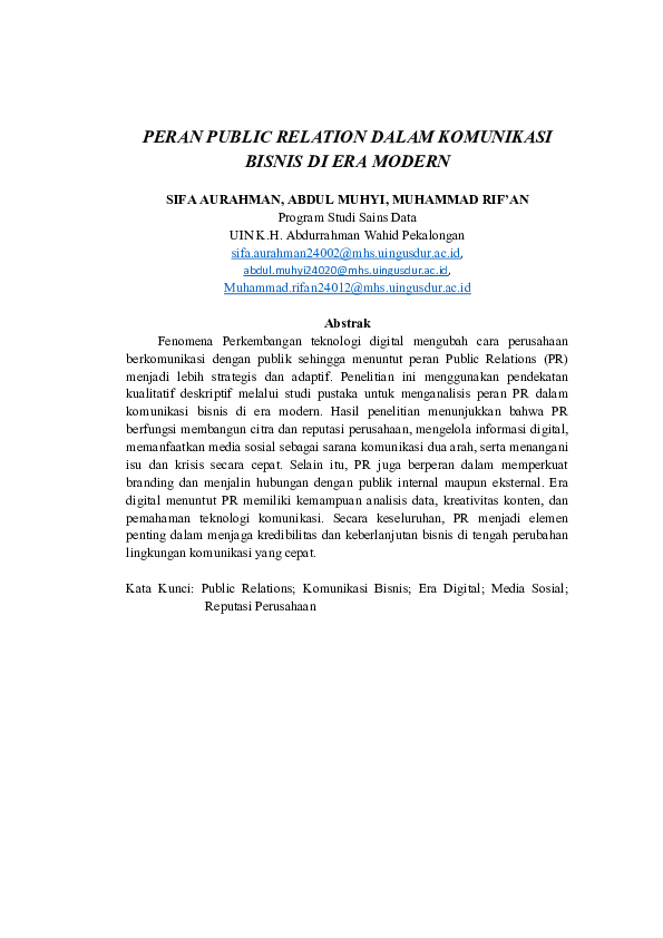 (PDF) PERAN PUBLIC RELATION DALAM KOMUNIKASI BISNIS DI ERA MODERN