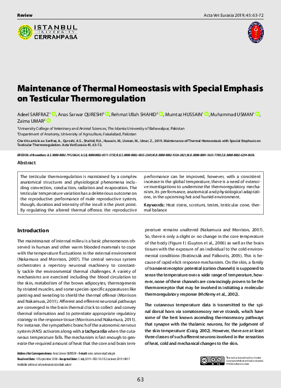 (PDF) Maintenance of Thermal Homeostasis with Special Emphasis on ...