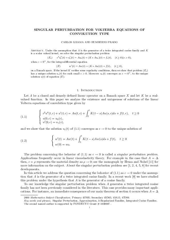 (PDF) Singular perturbation for Volterra equations of convolution type