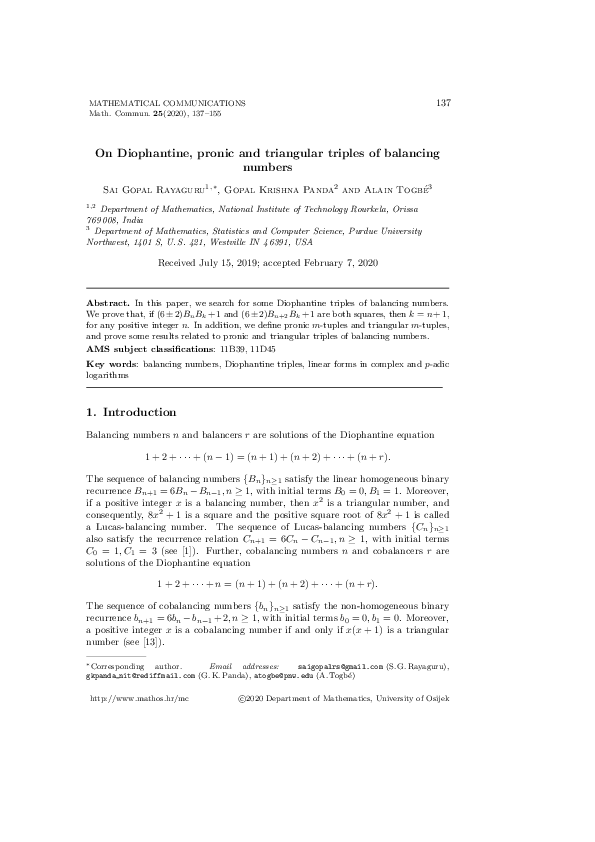 (PDF) On Diophantine, pronic and triangular triples of balancing numbers