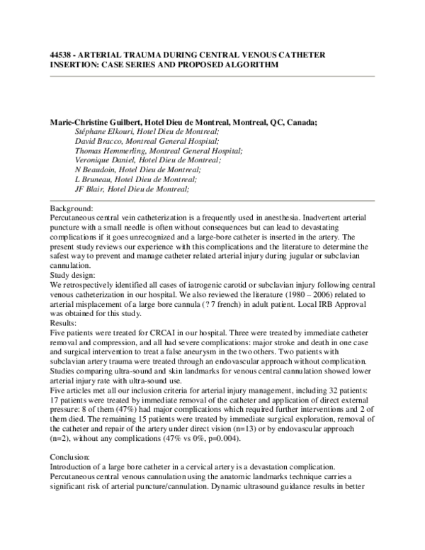 (PDF) Arterial trauma during central venous catheter insertion: case ...