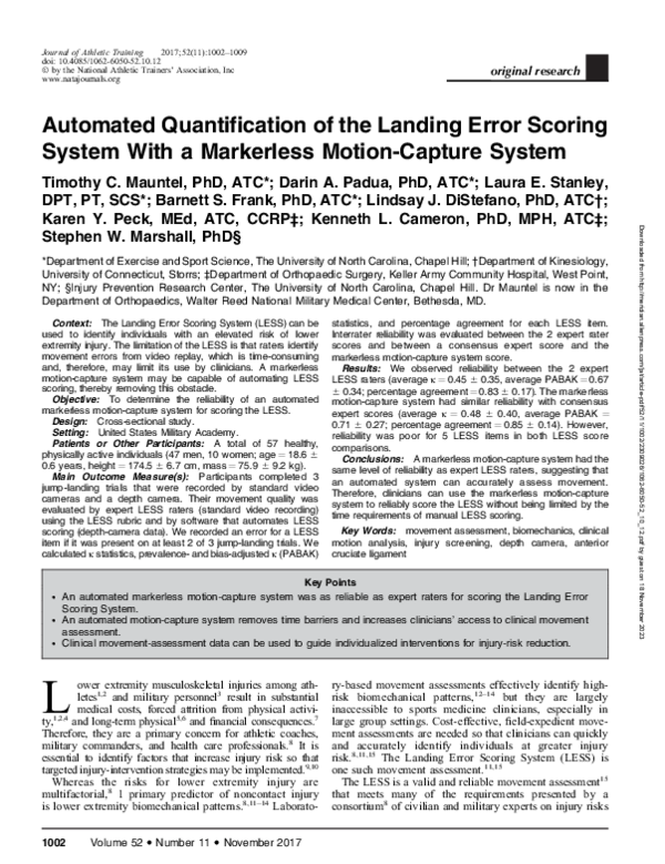 (PDF) Automated Quantification of the Landing Error Scoring System With a Markerless Motion ...