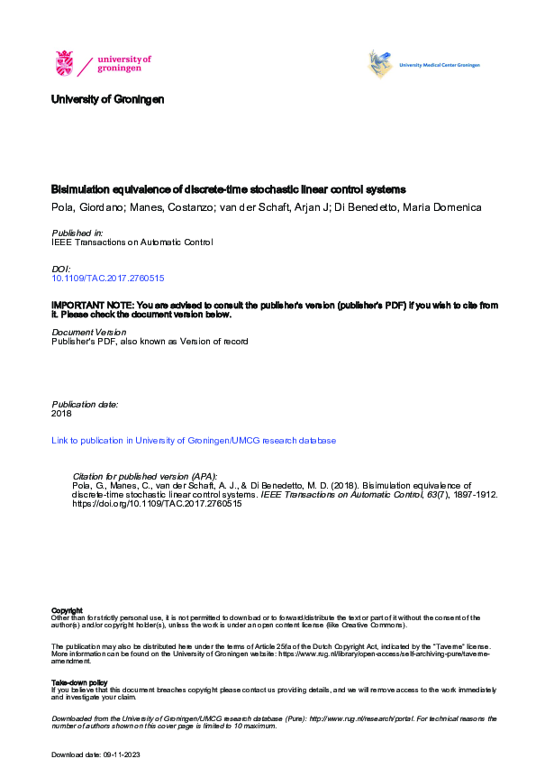(PDF) Bisimulation Equivalence of Discrete-Time Stochastic Linear Control Systems