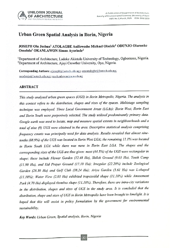 (PDF) Urban Green Spatial Analysis in Ilorin, Nigeria