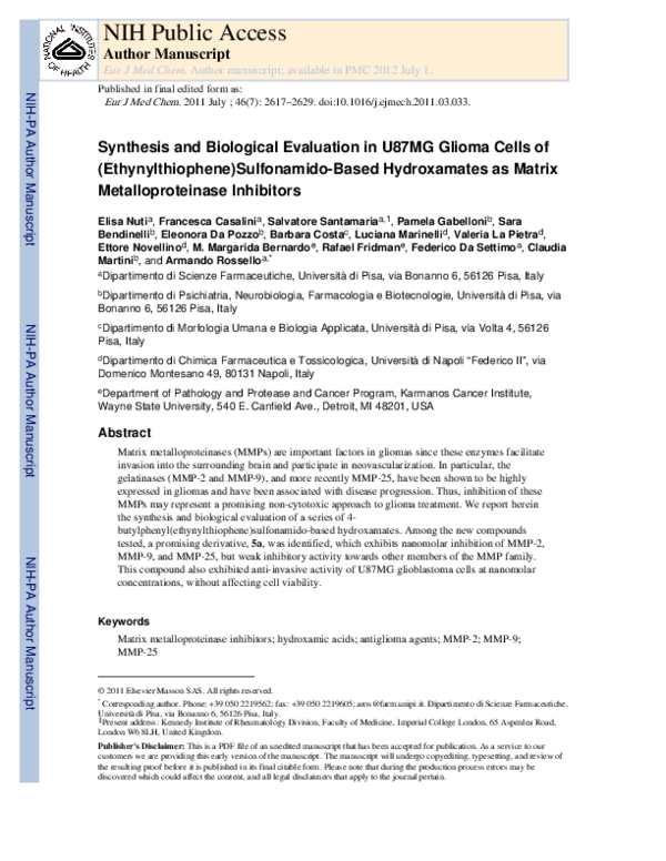 (PDF) Synthesis and biological evaluation in U87MG glioma cells of ...