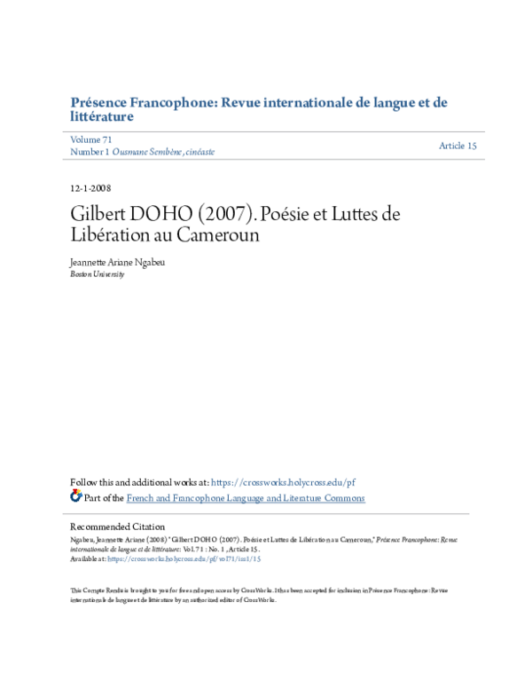 (PDF) Gilbert DOHO (2007). Poésie et Luttes de Libération au Cameroun