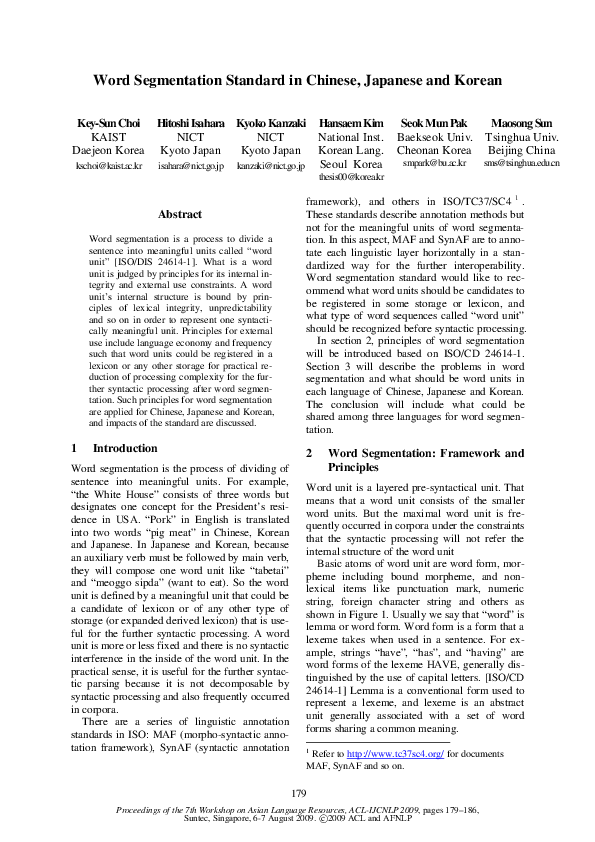 (PDF) Word segmentation standard in Chinese, Japanese and Korean