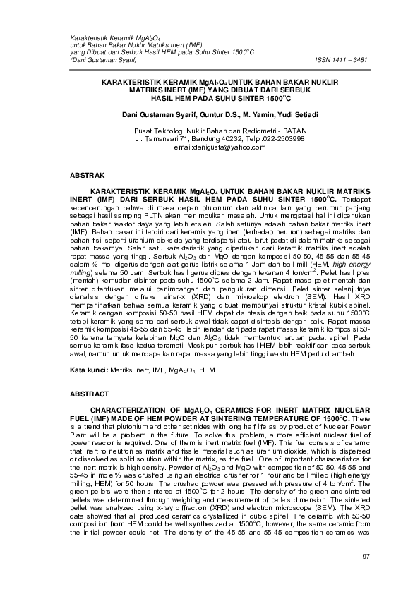 (PDF) Karakteristik Keramik MGAL2O4 Untuk Bahan Bakar Nuklir Matriks ...