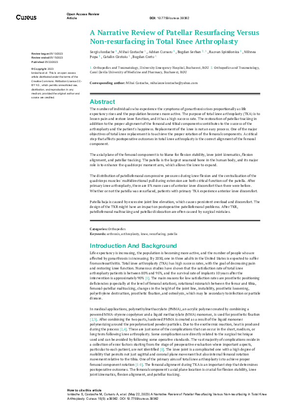 (PDF) A Narrative Review of Patellar Resurfacing Versus Non-resurfacing ...