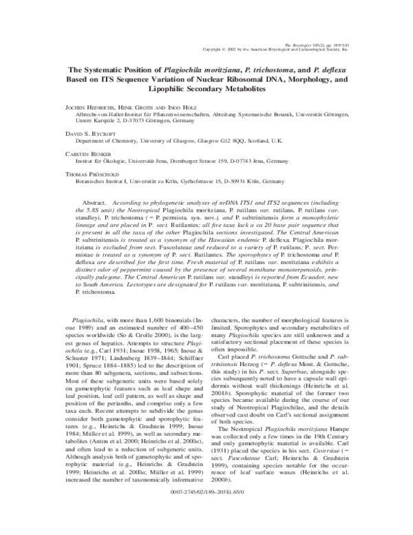 (PDF) The Systematic Position of Plagiochila moritziana, P. trichostoma ...