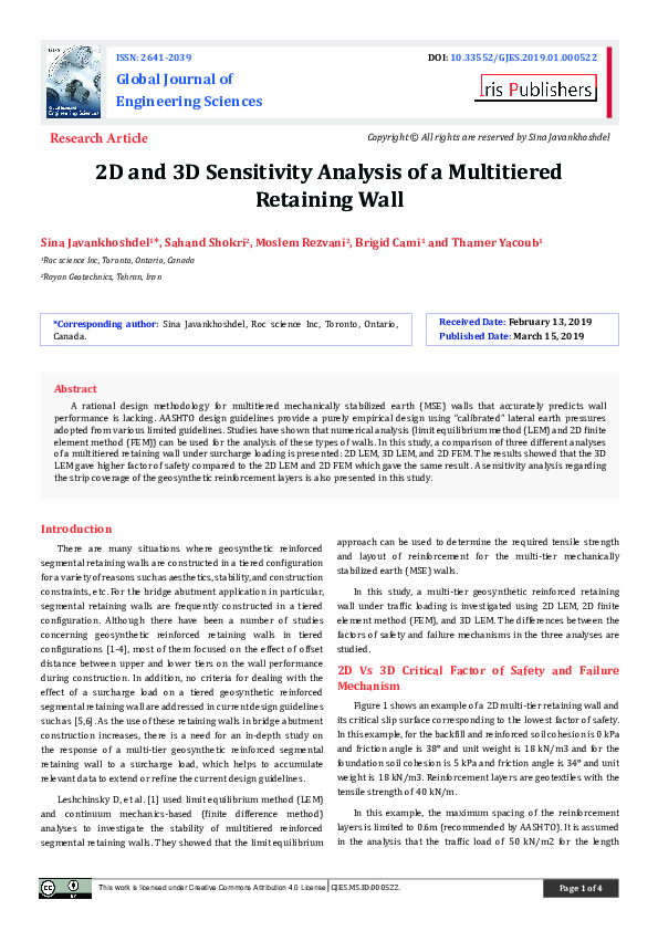 (PDF) 2D and 3D Sensitivity Analysis of a Multitiered Retaining Wall