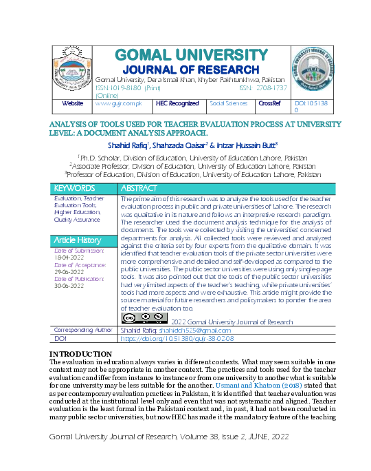 (PDF) Analysis of Tools Used for Teacher Evaluation Process at ...