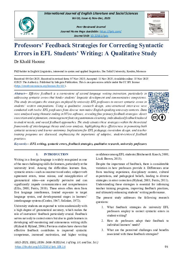 (PDF) Professors' Feedback Strategies for Correcting Syntactic Errors in EFL Students' Writing ...