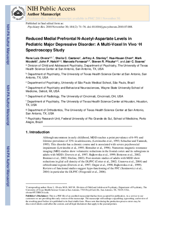 (PDF) Reduced medial prefrontal N-Acetyl-Aspartate levels in pediatric ...