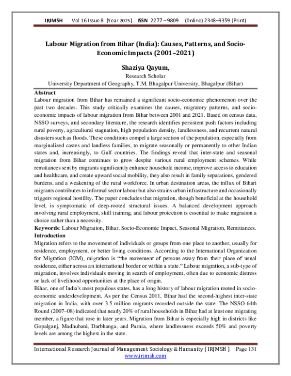 (PDF) Labour Migration from Bihar (India): Causes, Patterns, and Socio ...