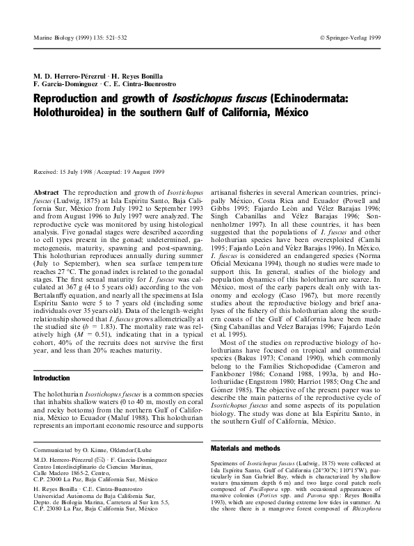 (PDF) Reproduction and growth of Isostichopus fuscus (Echinodermata ...