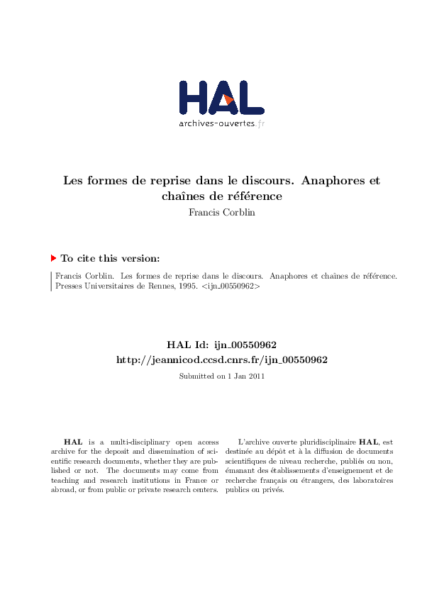 (PDF) Les formes de reprise dans le discours. Anaphores et chaînes de ...