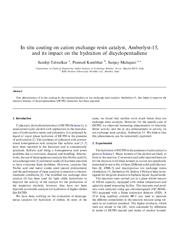 (PDF) In situ coating on cation exchange resin catalyst, Amberlyst-15 ...
