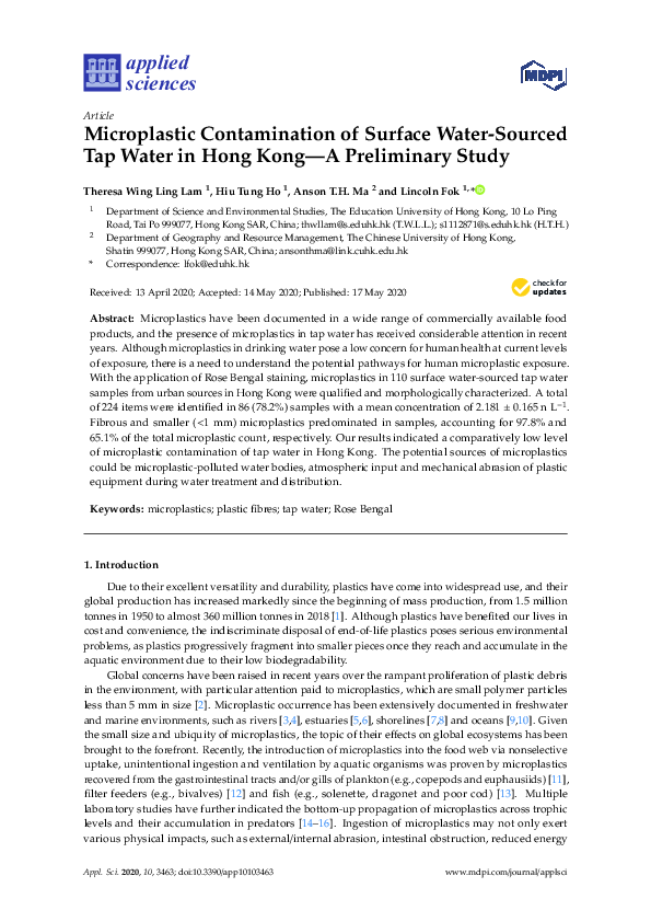 (PDF) Microplastic Contamination of Surface Water-Sourced Tap Water in ...