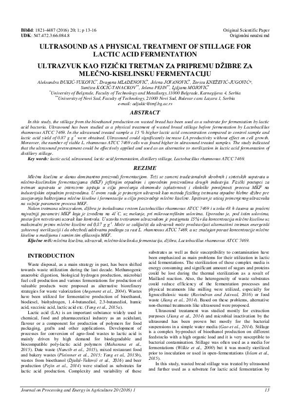 (PDF) Ultrasound as a physical treatment of stillage for lactic acid ...