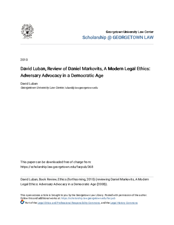 (PDF) David Luban, Review of Daniel Markovits, A Modern Legal Ethics ...