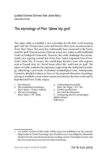 (PDF) The etymology of Mari *jŭmǝ 'sky; god'