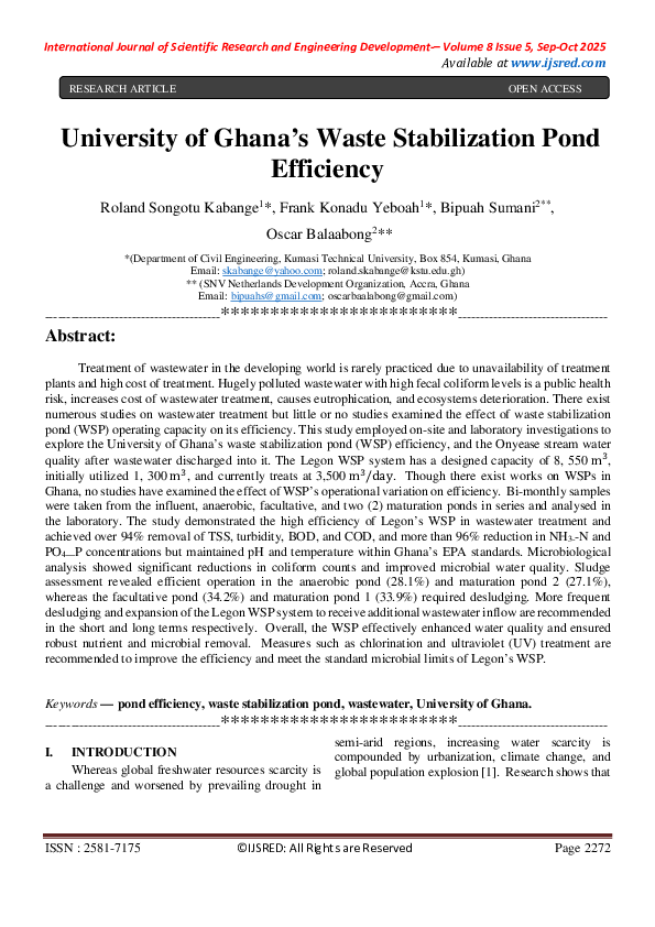 (PDF) University of Ghana's Waste Stabilization Pond Efficiency