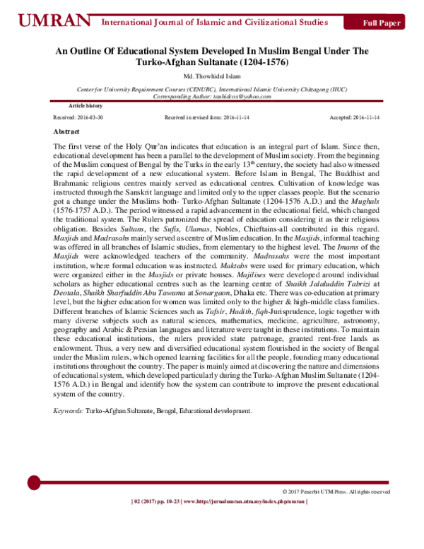 (PDF) An Outline of Educational System Developed in Muslim Bengal Under ...
