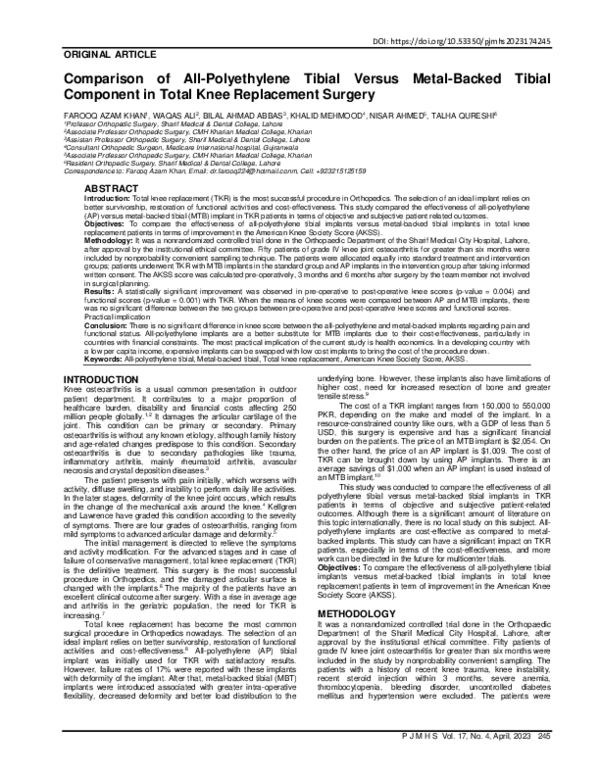 (PDF) Comparison of All-Polyethylene Tibial Versus Metal-Backed Tibial ...