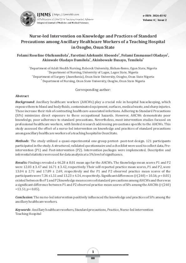 (PDF) Nurse-led Intervention on Knowledge and Practices of Standard Precautions among Ancillary ...
