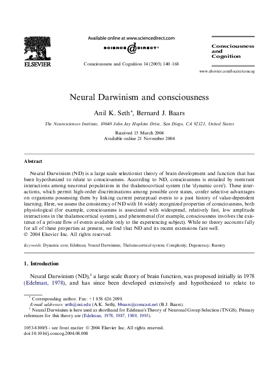(PDF) Anil Seth & Bernard Baars, Neural Darwinism and consciousness.
