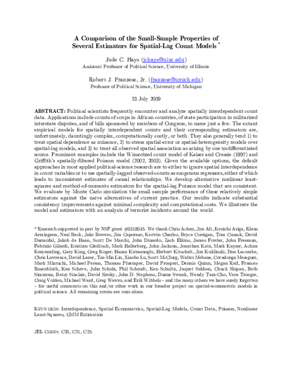 (PDF) A comparison of the small-sample properties of several estimators for spatial-lag count models