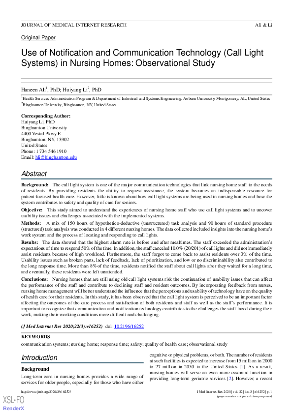 (PDF) Use of Notification and Communication Technology (Call Light ...