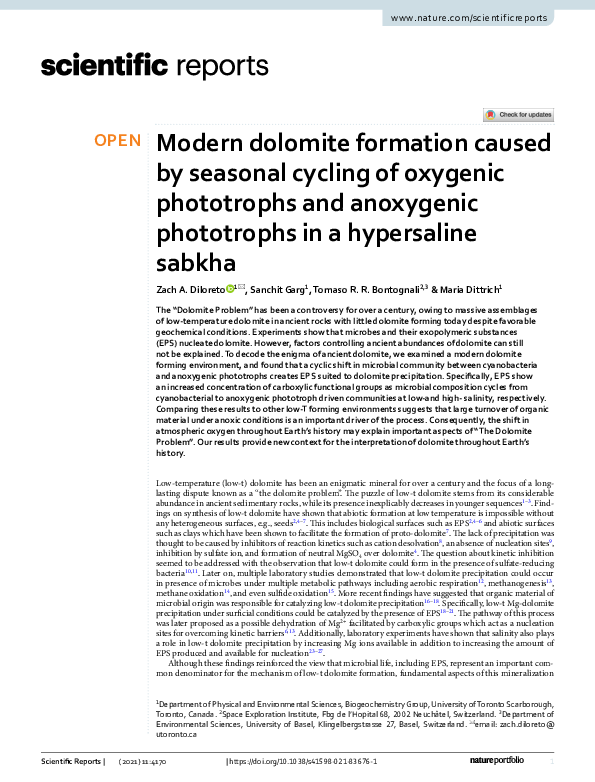 (PDF) Modern dolomite formation caused by seasonal cycling of oxygenic ...