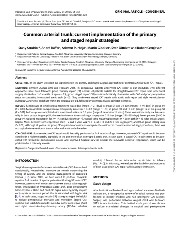 (PDF) Common arterial trunk: current implementation of the primary and ...