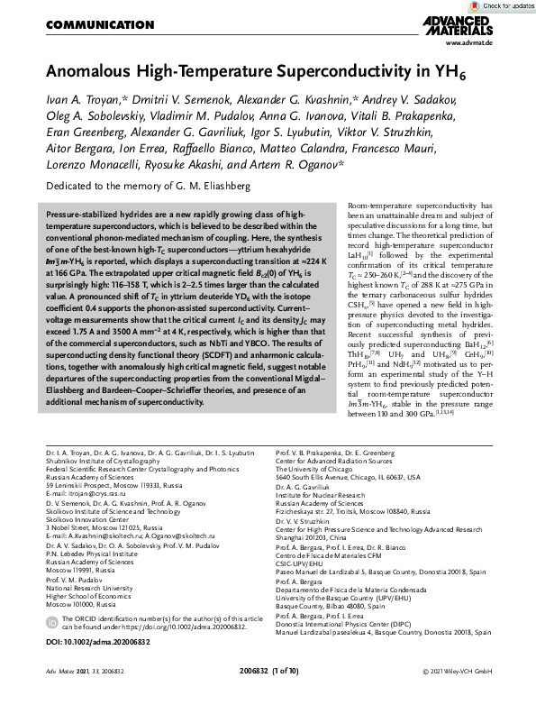 (PDF) Anomalous High‐Temperature Superconductivity in YH6