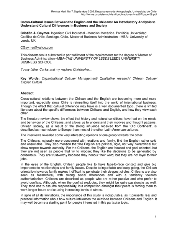 (PDF) Cross-Cultural Issues between the English and the Chileans: An ...