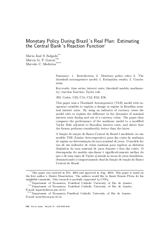 (PDF) Monetary policy during Brazil's Real Plan: estimating the Central ...